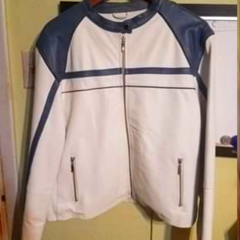 White And Blue Leather Motorcycle Jacket - Gem